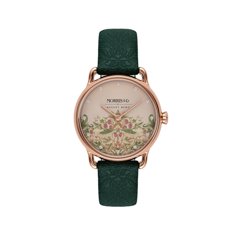 Petite Strawberry Thief Rose Gold Fennel Leather Strap Watch