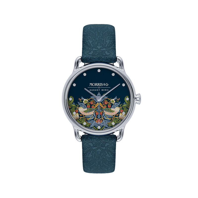 Petite Strawberry Thief Silver Indigo Leather Strap Watch